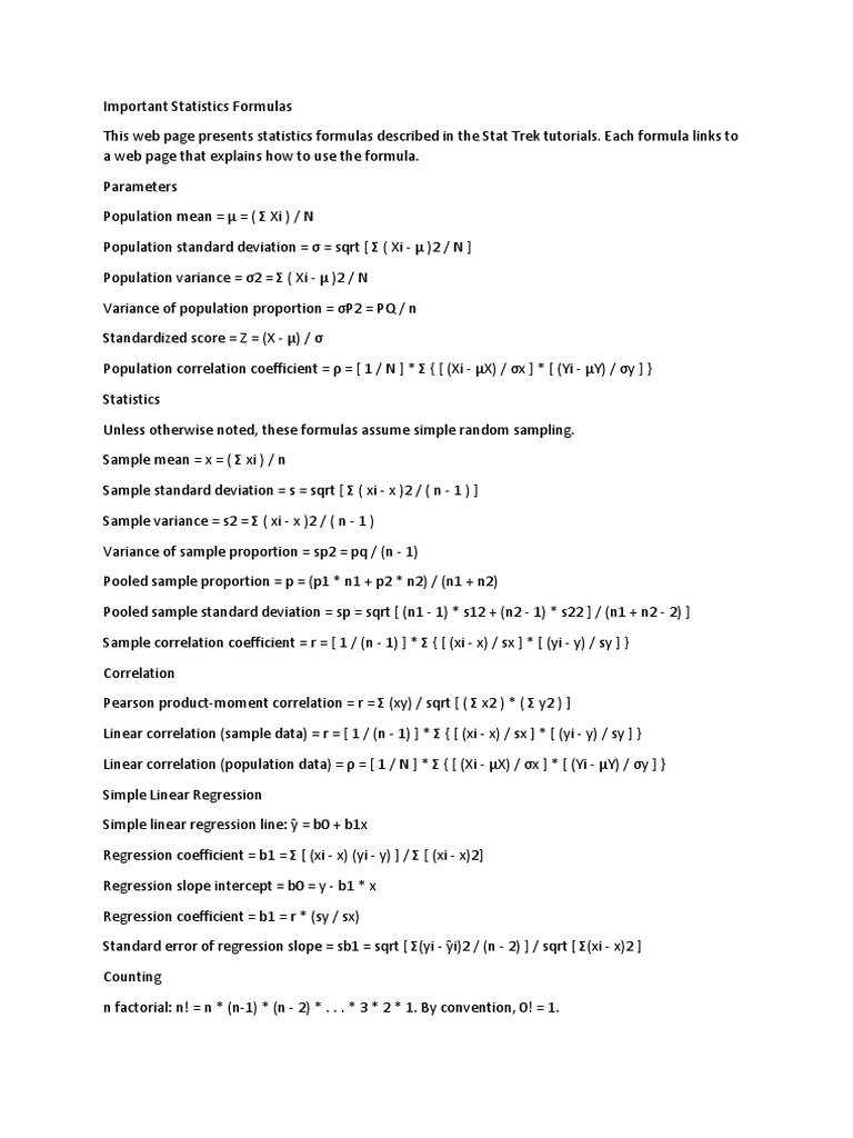 Important Statistics Formulas | PDF | Errors And Residuals | Student's ...