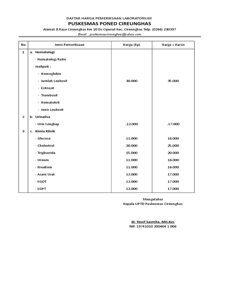 Daftar Harga LAB PKM Cireunghas | PDF