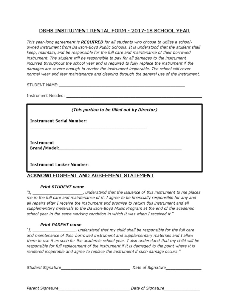 Dbhs Instrument Rental Form - 2017-18 | PDF