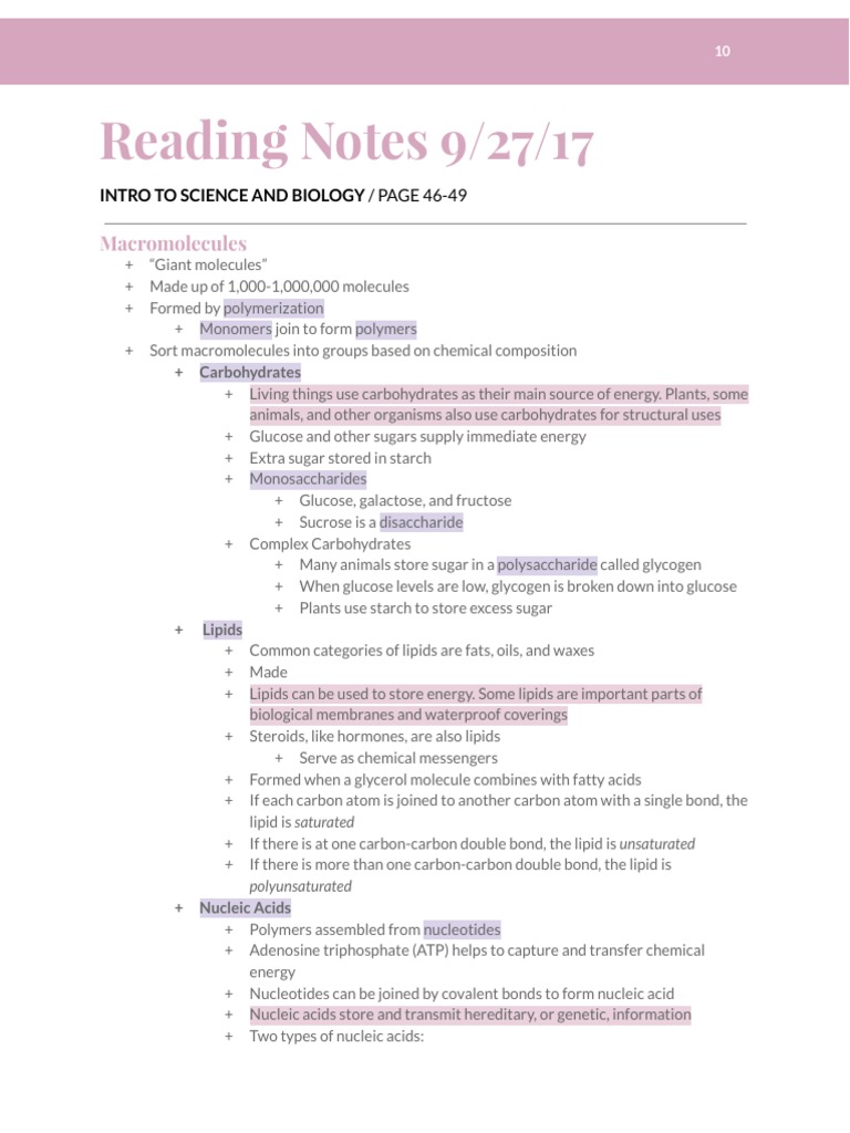 Intro To Bio Reading Notes | PDF | Macromolecules | Carbohydrates