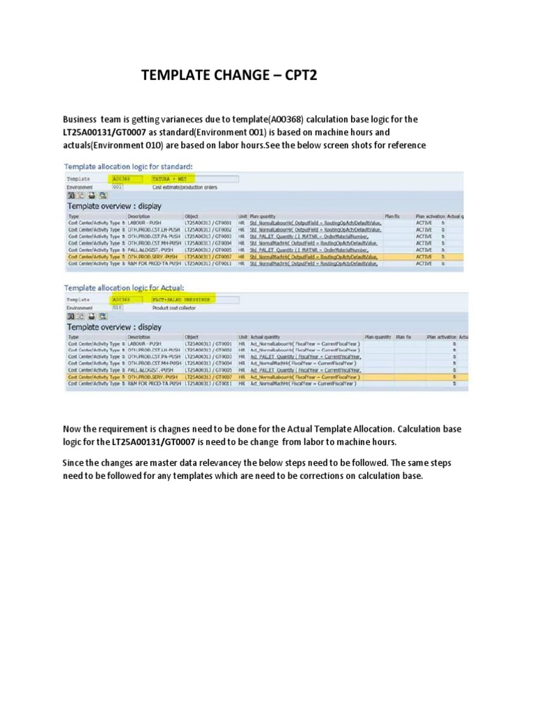 Template Change - Cpt2: LT25A00131/GT0007 As Standard (Environment 001) Is Based On Machine ...