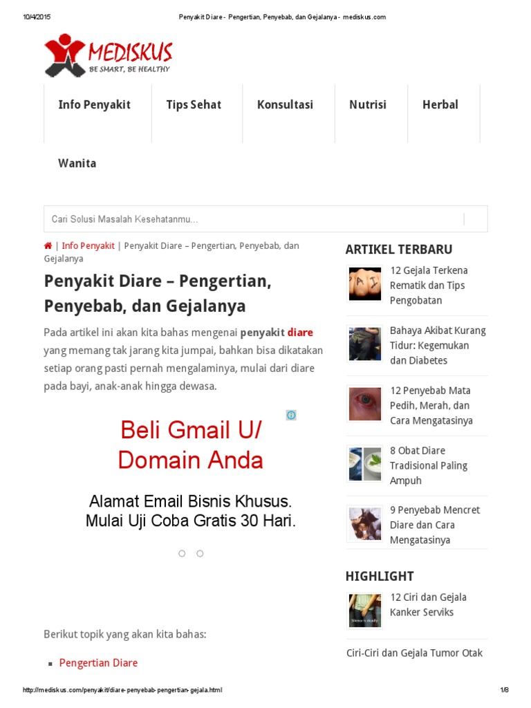 Penyakit Diare - Pengertian, Penyebab, Dan Gejalanya - Mediskus | PDF ...