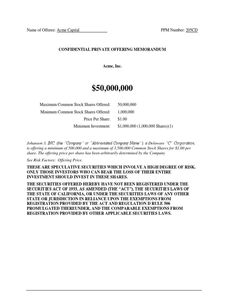 PPM Sample | PDF | Securities Act Of 1933 | Securities Regulation In ...