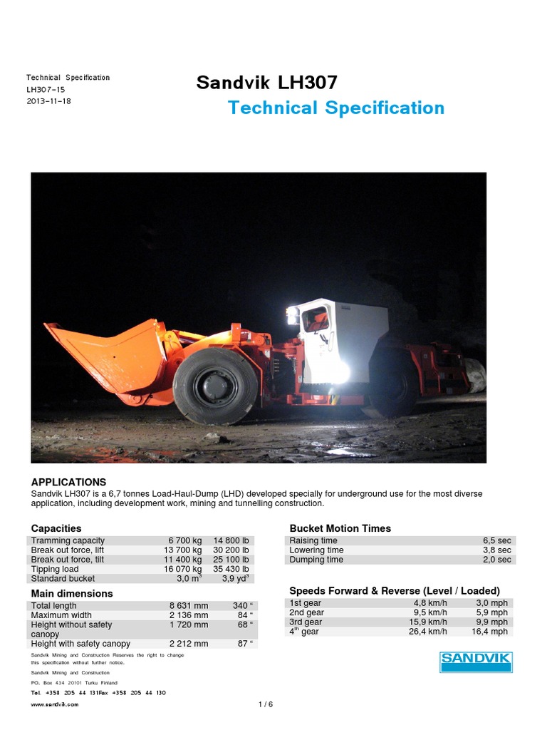 Sandvik LH307: Technical Specification | PDF | Transmission (Mechanics ...
