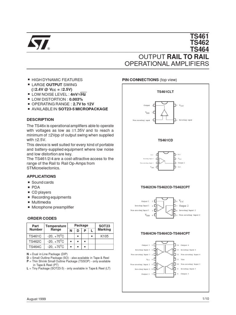 Output Rail To Rail Operational Amplifiers: TS461 TS462 TS464 | PDF ...