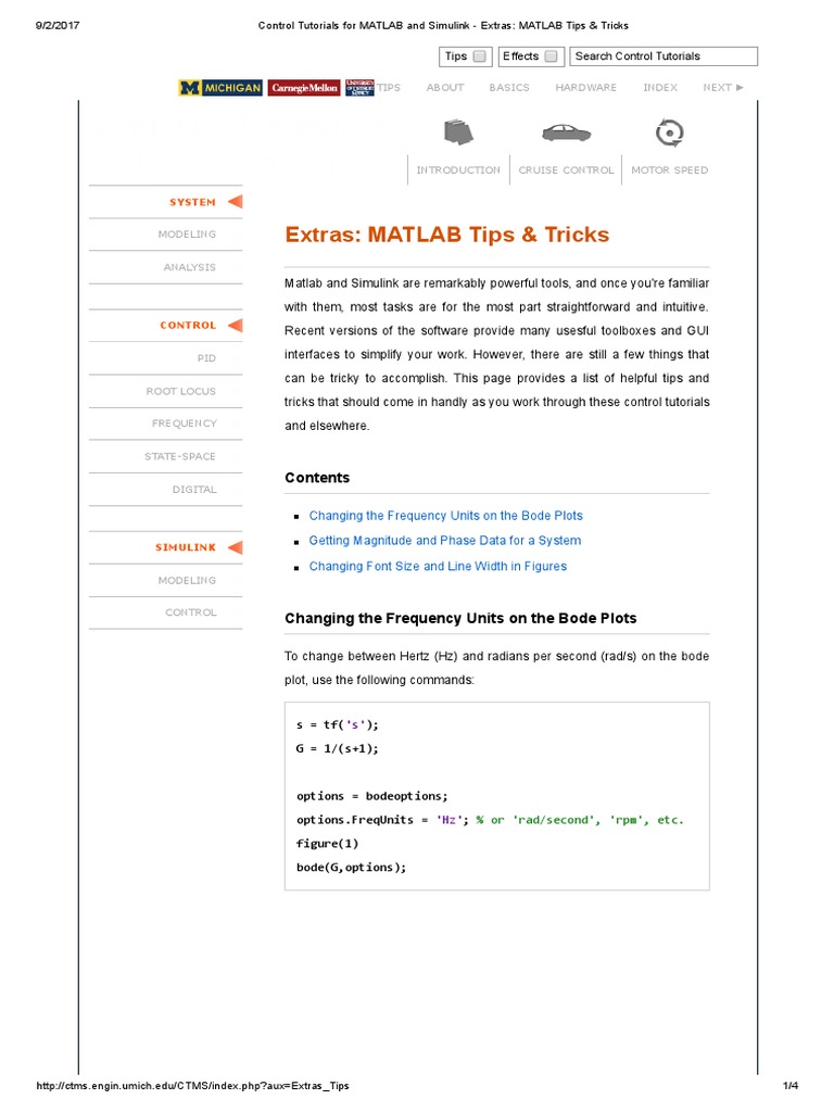 Control Tutorials For Matlab And Simulink Extras Matlab Tips And Tricks Pdf Matlab