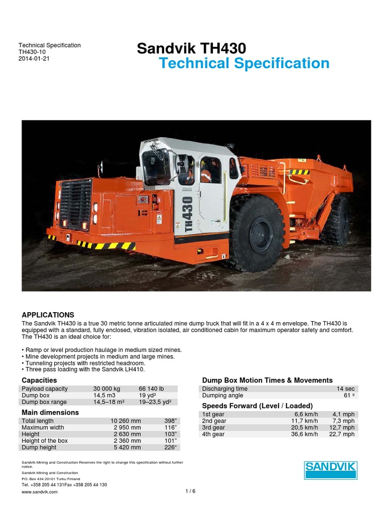 Sandvik TH430: Technical Specification | PDF | Pump | Engines