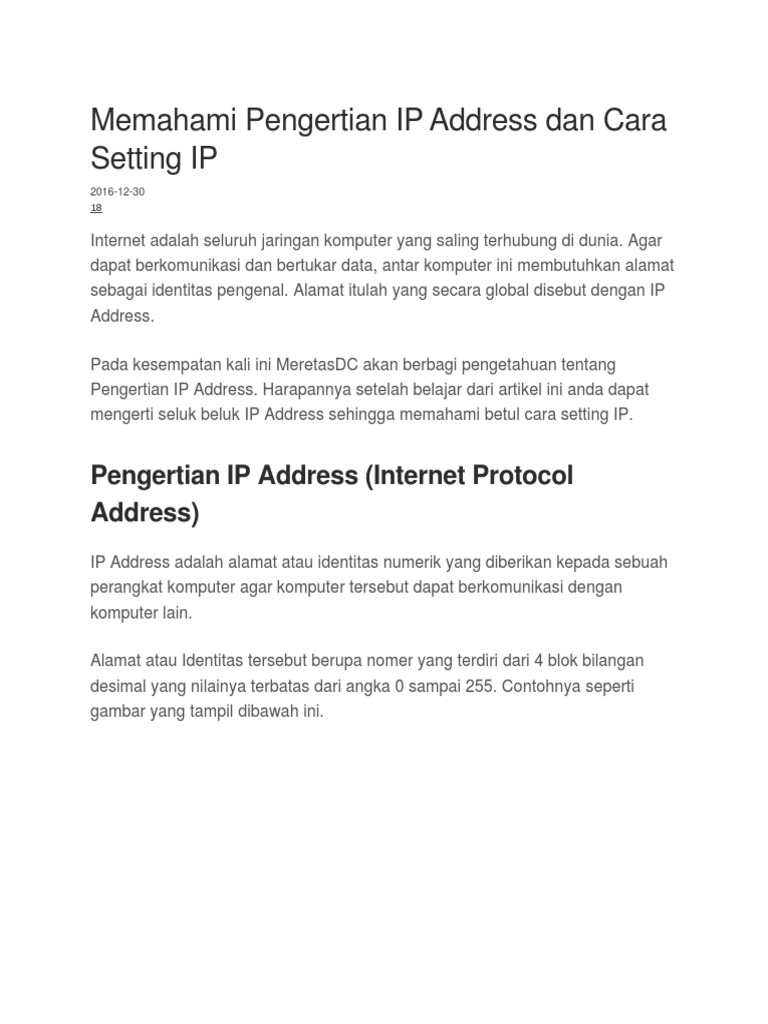 Memahami Pengertian IP Address Dan Cara Setting IP | PDF