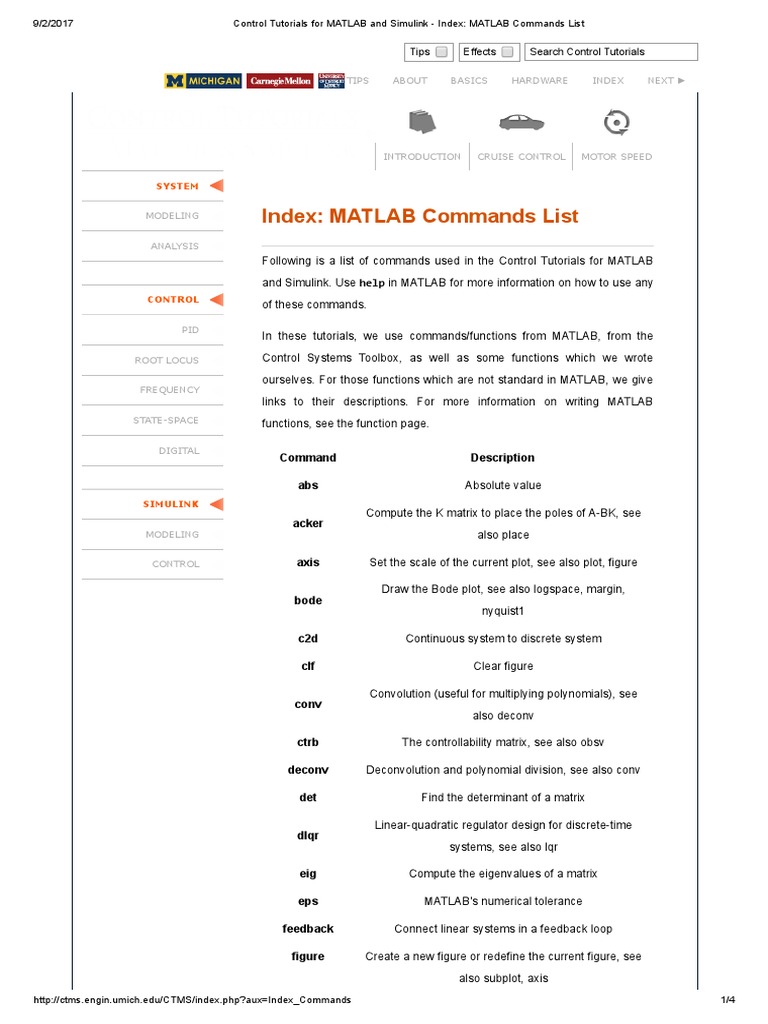 Control Tutorials For MATLAB and Simulink - Index - MATLAB Commands List | PDF | Matlab ...