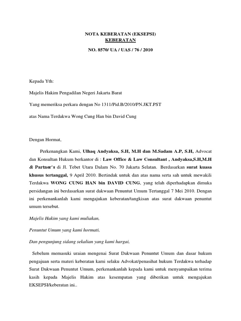 Contoh Nota Keberatan | PDF | Hukum