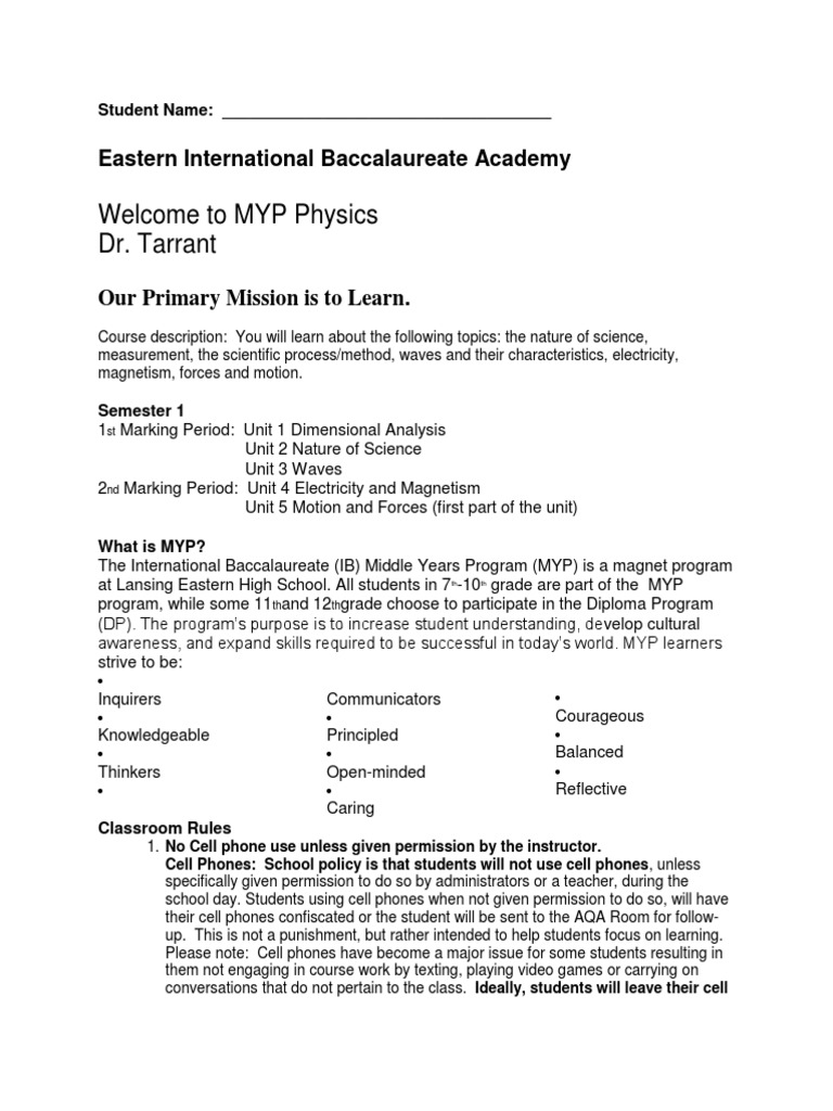 MYP Physics Syllabus Overview | PDF | Homework | Classroom