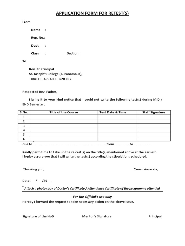 Application Form For Retest (S) : From Name: Reg. No.: Dept: Class ...