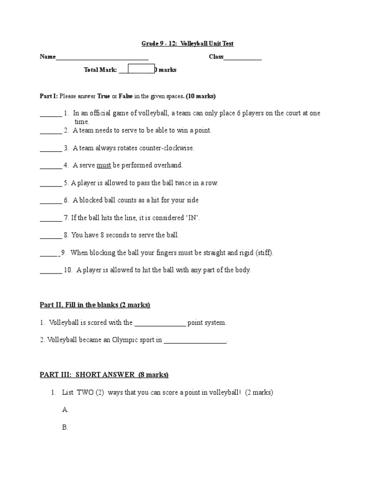 Volleyball Unit Test for Grades 9-12 | PDF