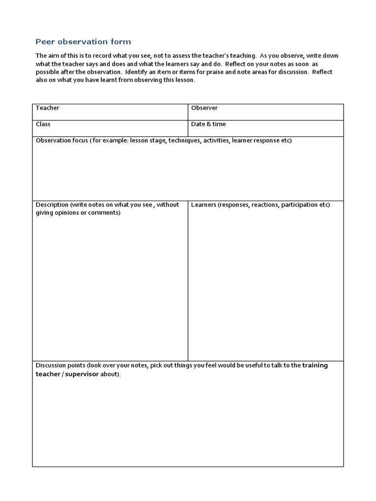 Peer Observation Form: Training Teacher Supervisor | PDF