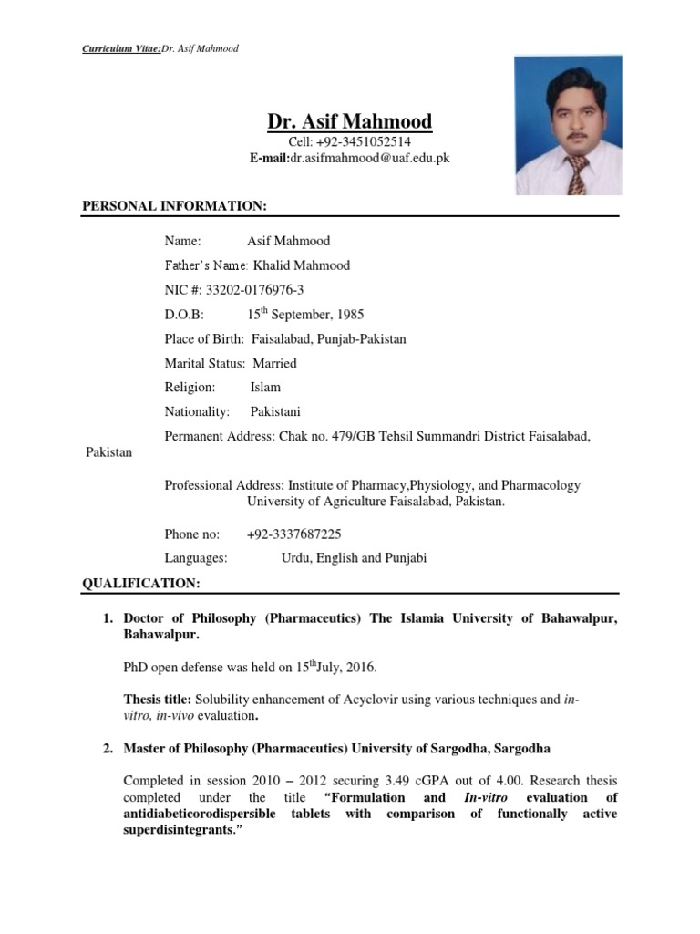 Dr. Asif Mahmood New 2017 CV (Updated) | PDF | Pharmacy | Pharmacology