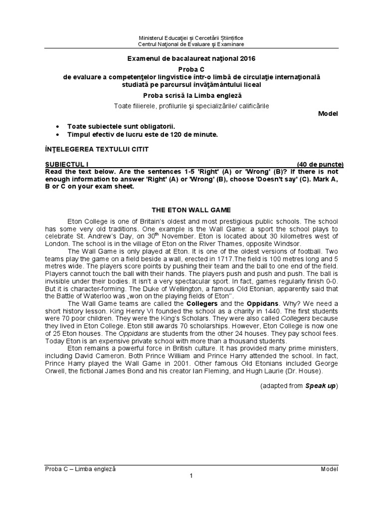 C Limba Engleza Scris 2016 Model Subiect PDF | PDF