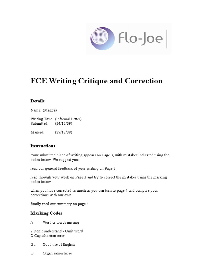 FCE Writing Critique and Correction: Details | PDF | English Language ...