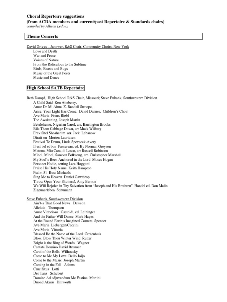 Choral Repertoire Suggestions (From ACDA Members and Current/past ...