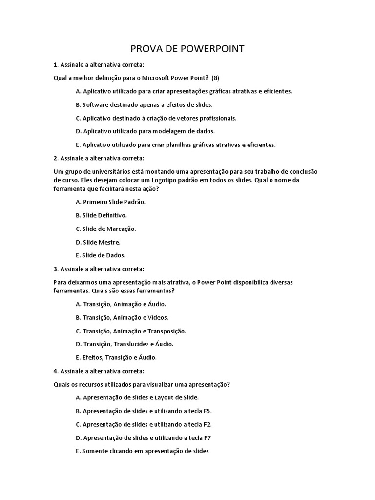Prova de Word | Microsoft Power Point | Engenharia da computação