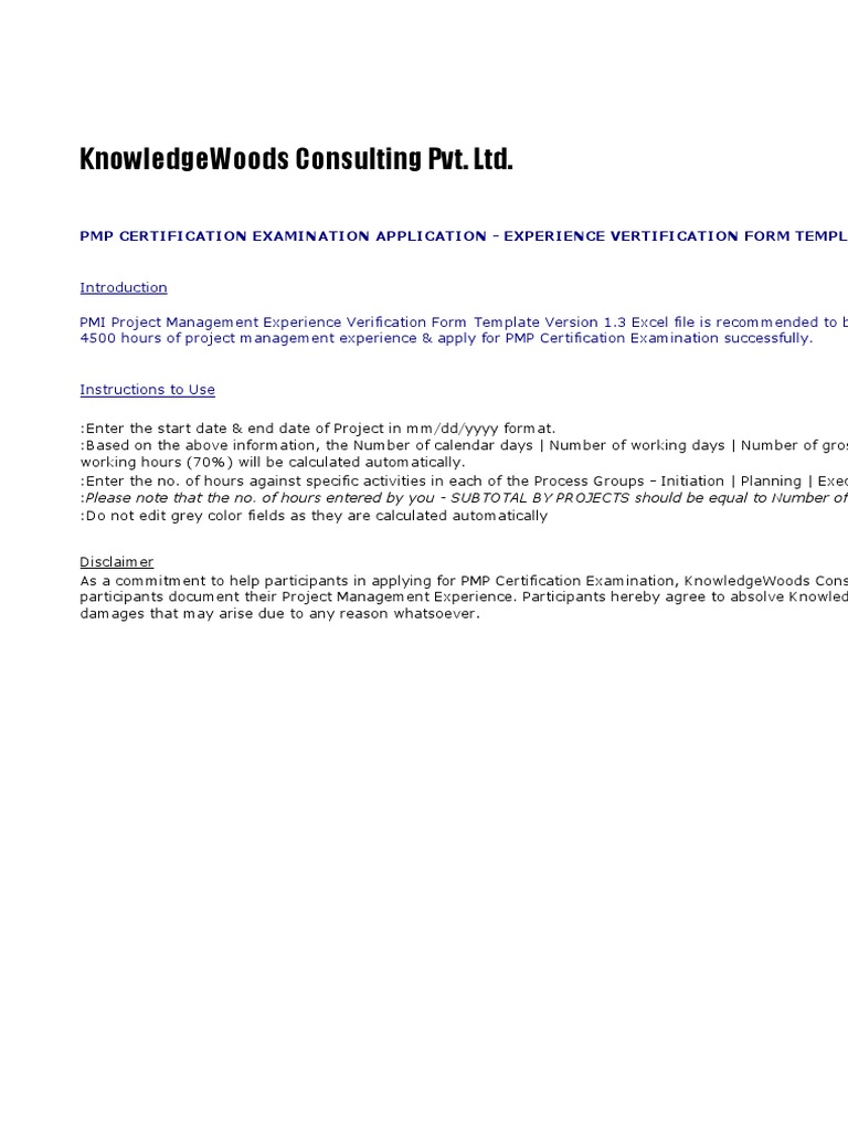 PMI PM Experience Verification Form 2 Template Version 2003 | PDF ...