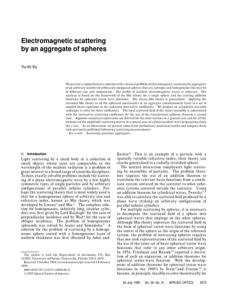 EM Scattering by Aggregation of Spheres | PDF | Scattering | Cross ...