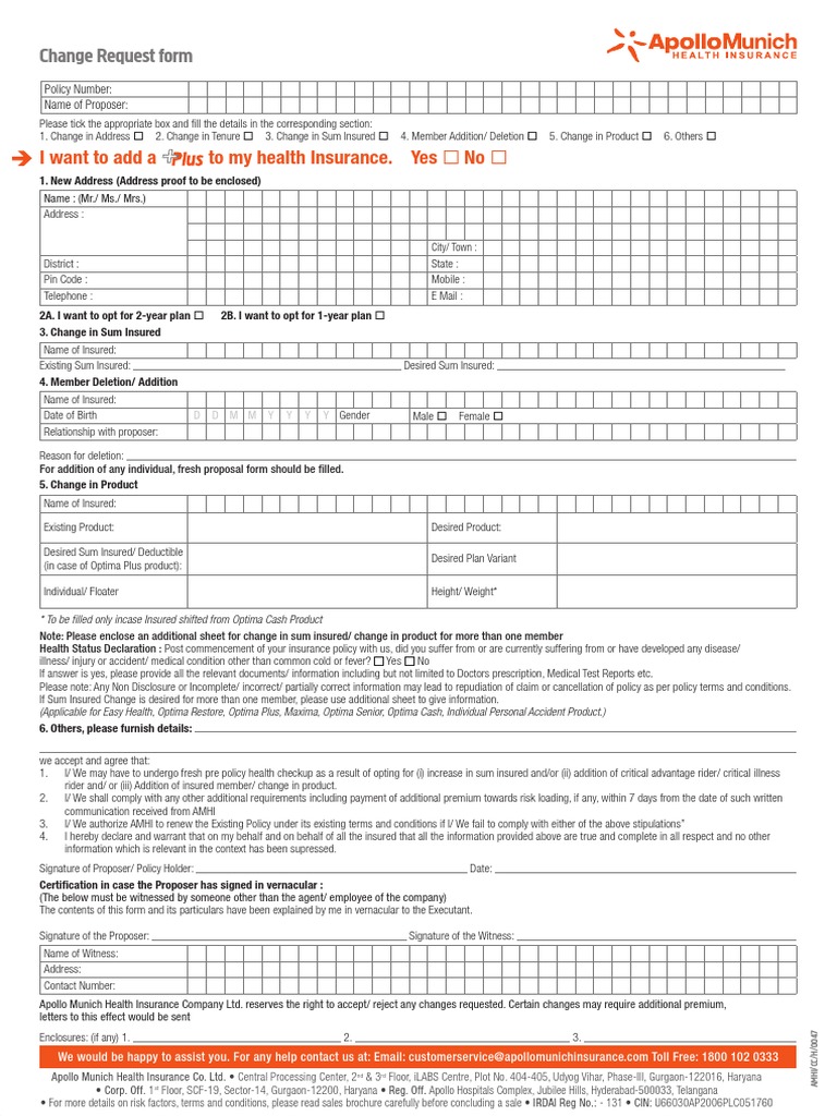 Apollo Change Request Form PDF | PDF | Insurance | Service Industries