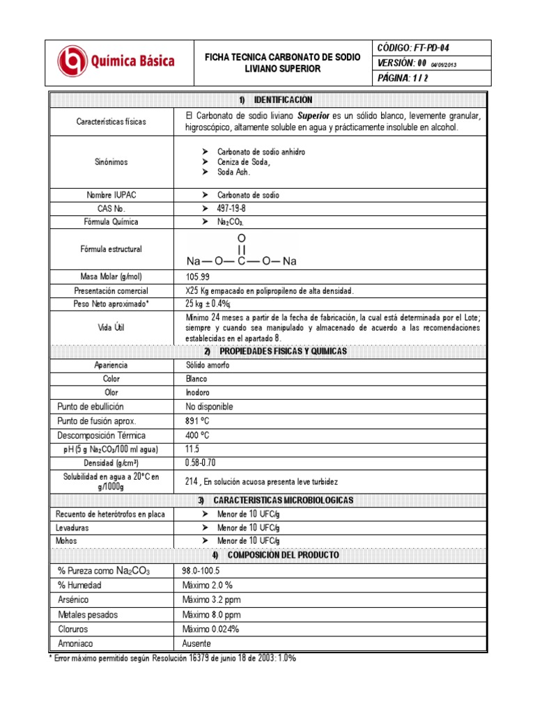 Ficha Tecnica Na2O3 | PDF | Carbonato de sodio | Solubilidad