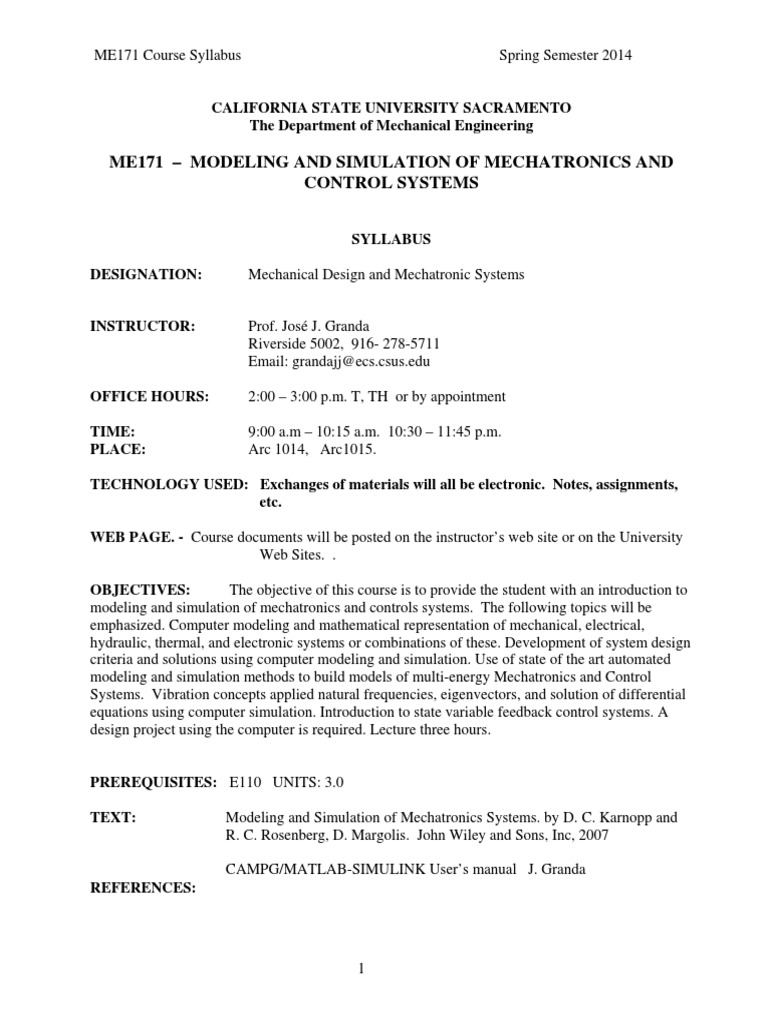 ME 171 Syllabus | PDF | Test (Assessment) | Simulation