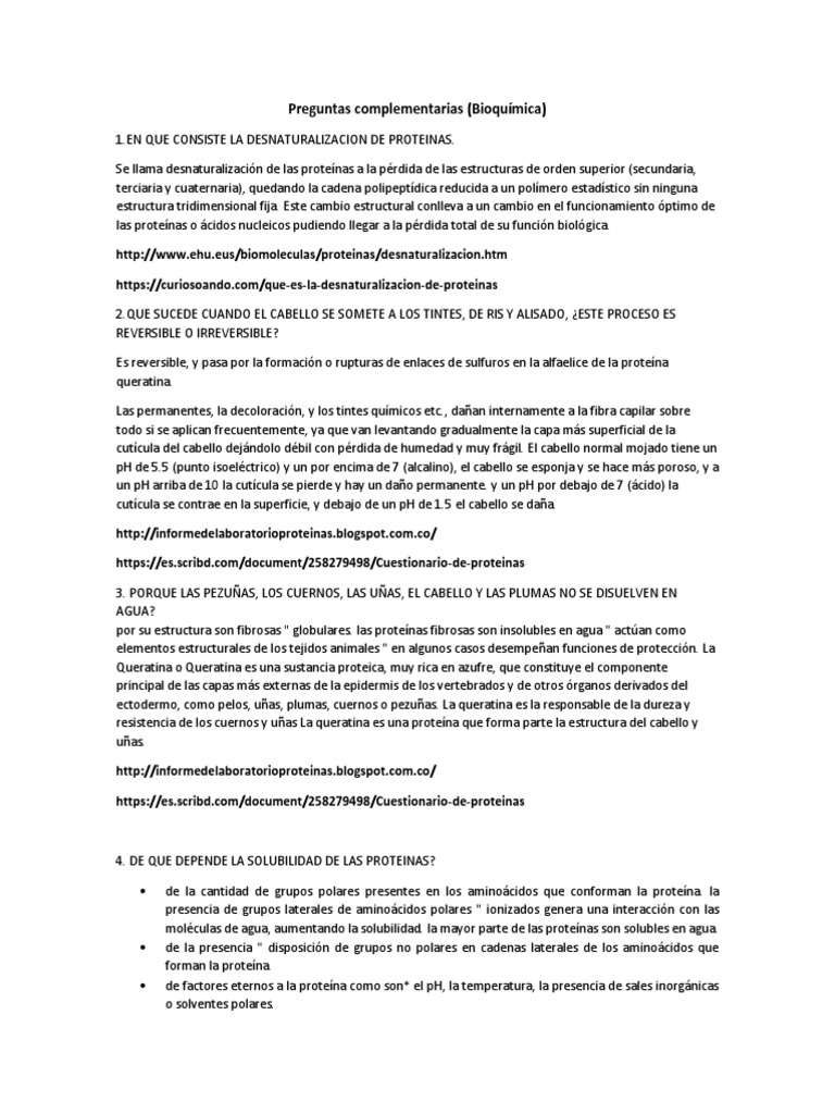 Preguntas Complementarias | PDF | Proteínas | Desnaturalización (bioquímica)