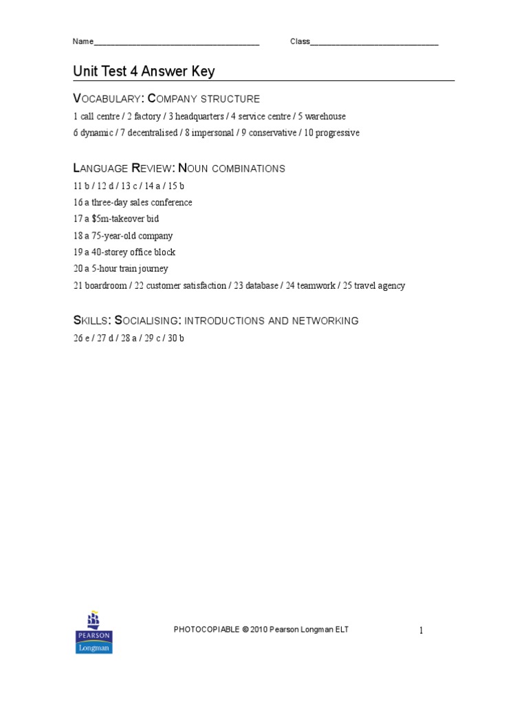 Unit Test 4 Answer Key | PDF