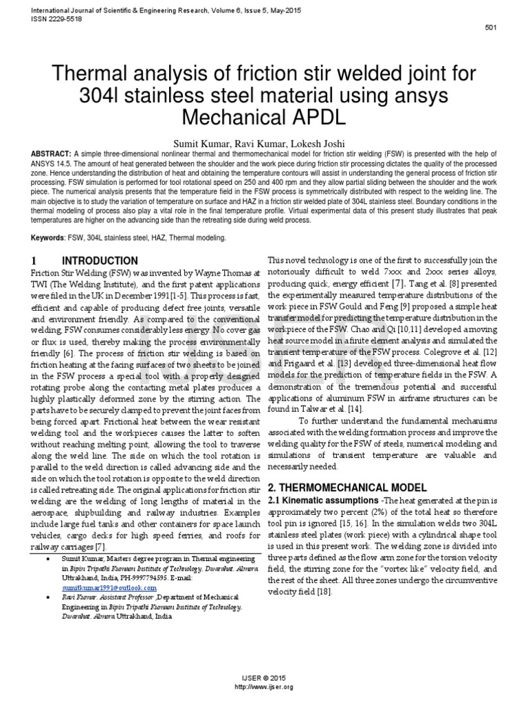 Thermal Analysis of Friction Stir Welded Joint For 304l Stainless Steel Material Using Ansys ...