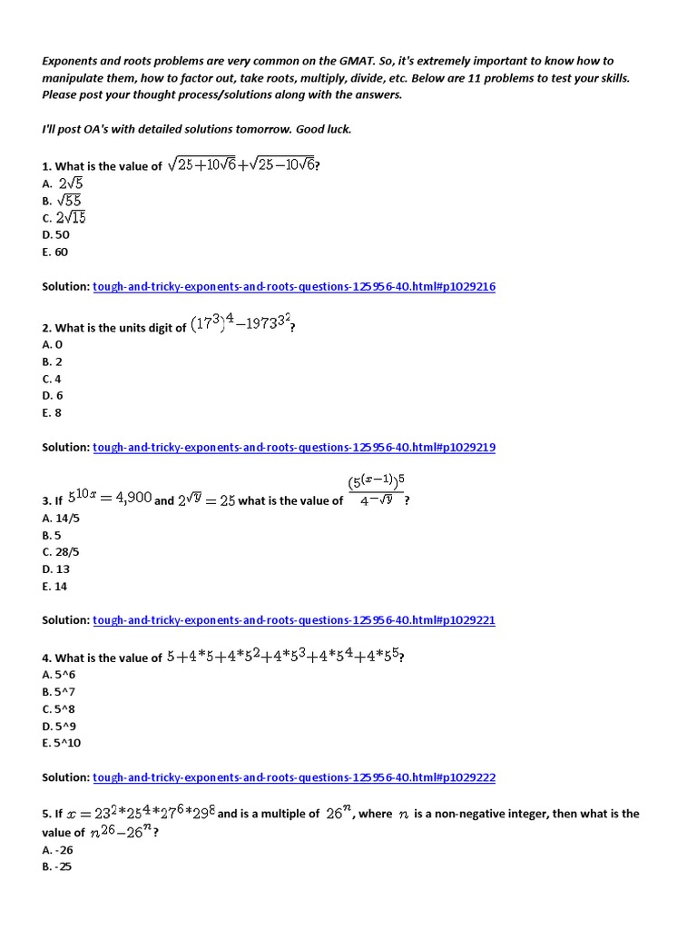 GMAT exponents and roots practice problems with detailed solutions ...
