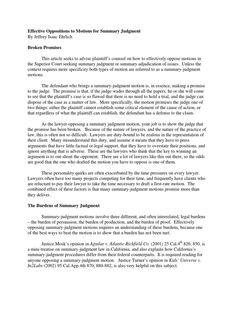 Effective Opposition to Summary Judgment Motions | PDF | Continuance ...