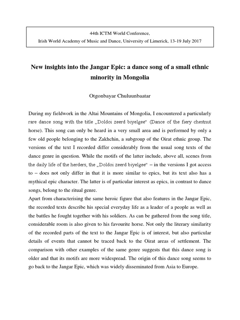 Insights on Mongolia's Jangar Epic Dance Song | PDF | Art | Classics