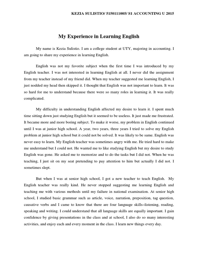 My Experience in Learning English - KEZIA - S1AKTU15 - 005 | PDF ...