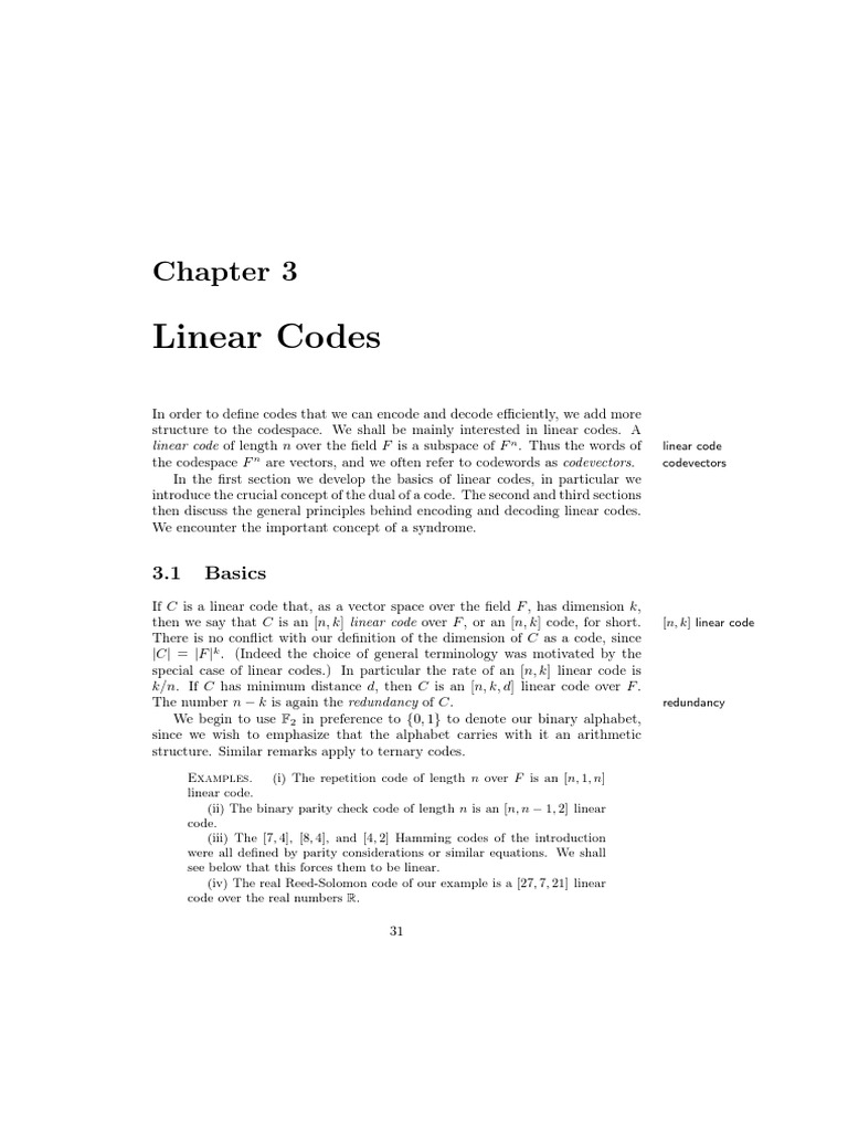 Linear Codes: 3.1 Basics | PDF