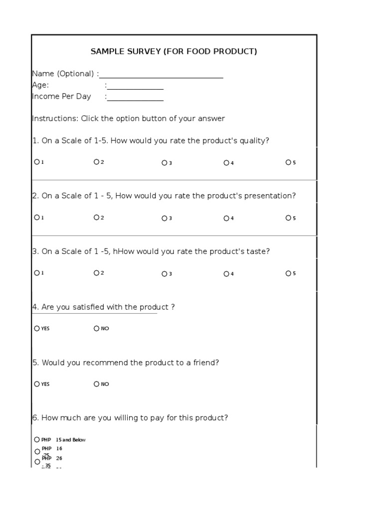 Sample Survey (For Food Product) | PDF