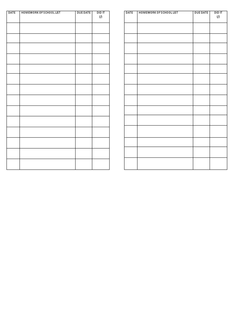 Date Homework of School List Due Date Did It (/) Date Homework of ...