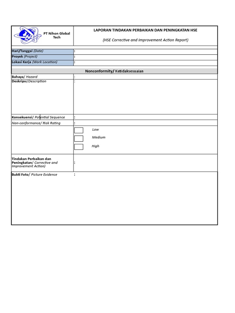 Laporan Tindakan Perbaikan Dan Peningkatan Hse: PT Nihon Global Tech | PDF | Computers