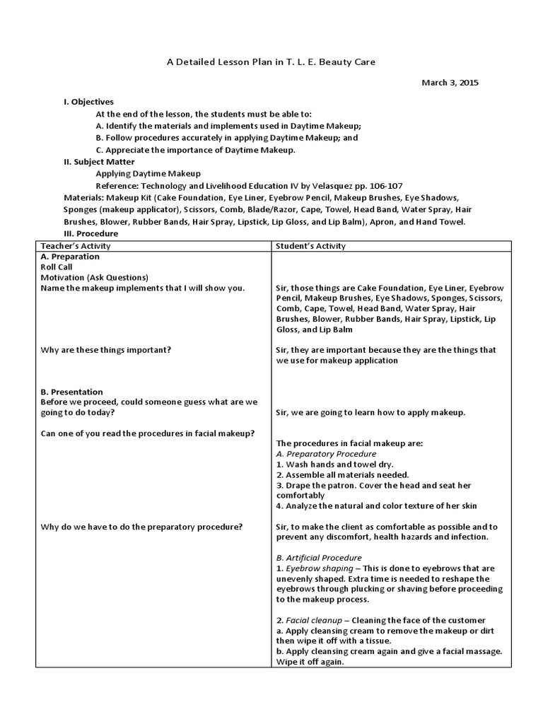 A Detailed Lesson Plan in TLE MAKEUP | PDF | Eyebrow | Cosmetics
