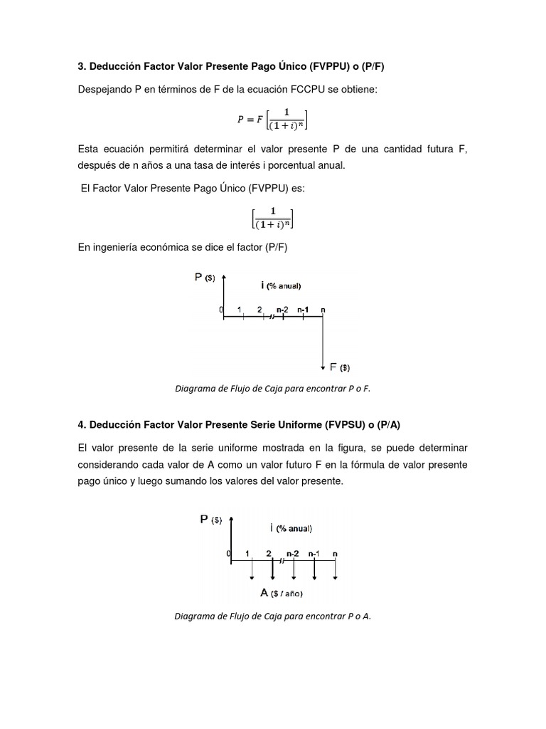 Deducción Factor Valor Presente Pago Único | PDF | Ecuaciones | Enseñanza de matemática