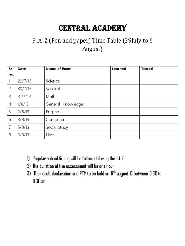 Central Academy: F .A. 2 (Pen and Paper) Time Table (29july To 6 August ...