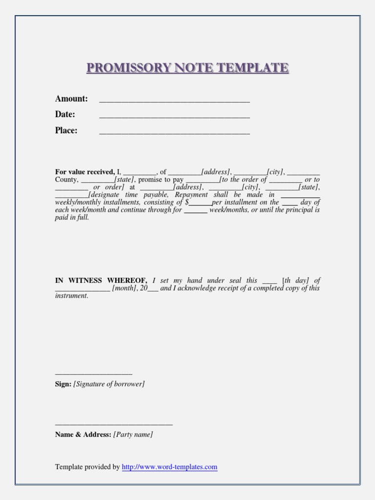 Promissory Note Template: Amount: Date: Place | PDF