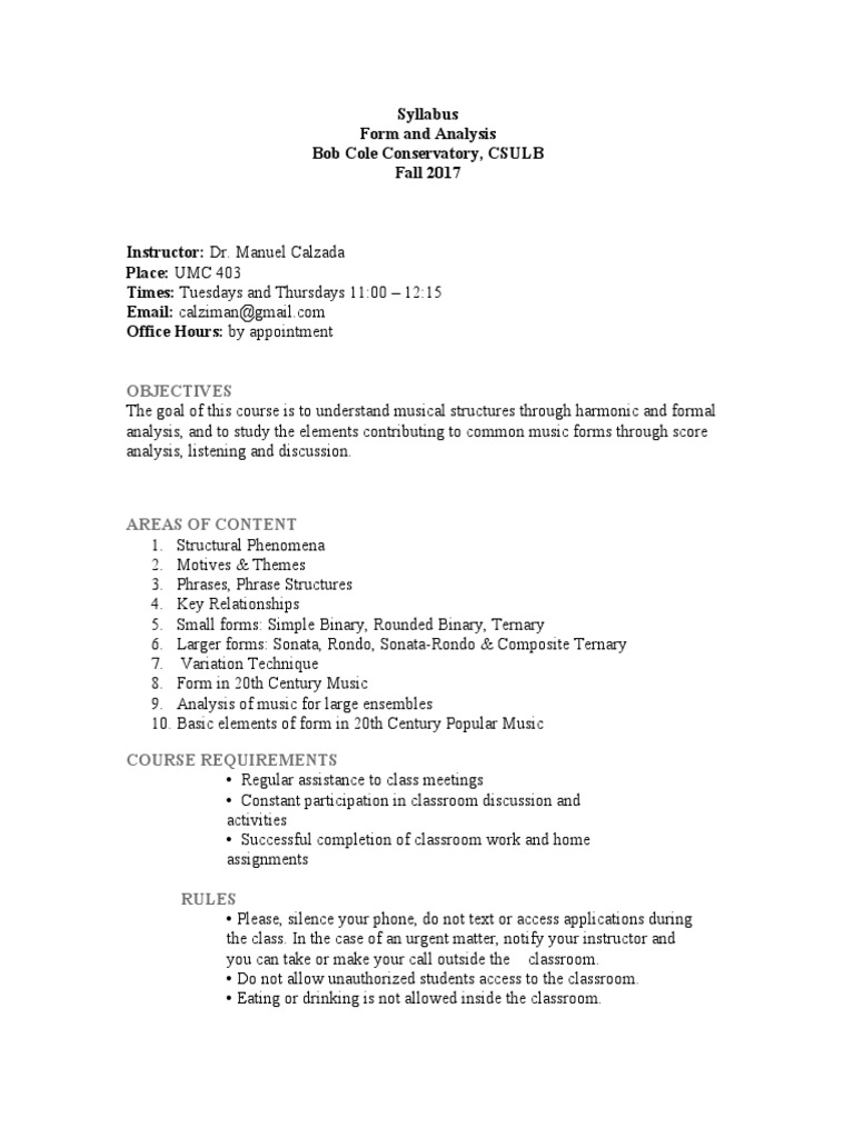 Syllabus for Form and Analysis Course | PDF | Musical Forms | Pedagogy