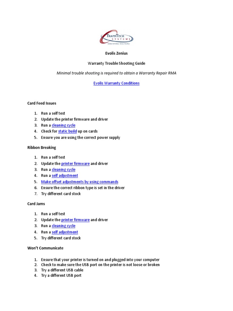 Evolis Zenius Troubleshooting Guide | PDF | Printer (Computing) | Usb