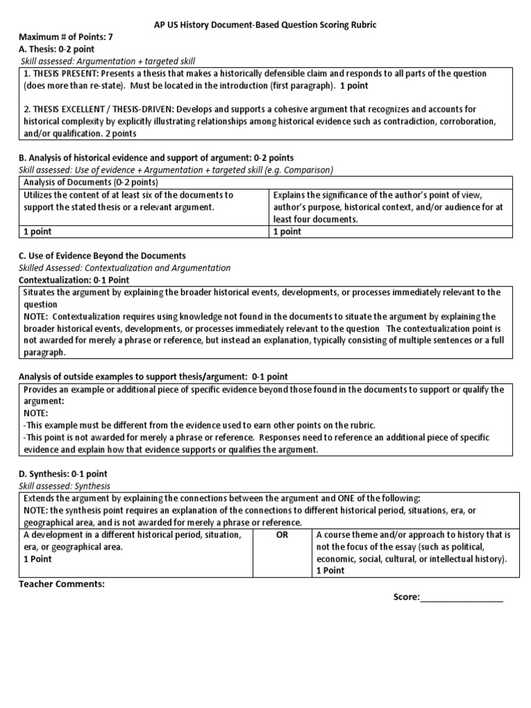 AP Us History DBQ Rubric New 2016 New-3 | PDF | Thesis | Argument