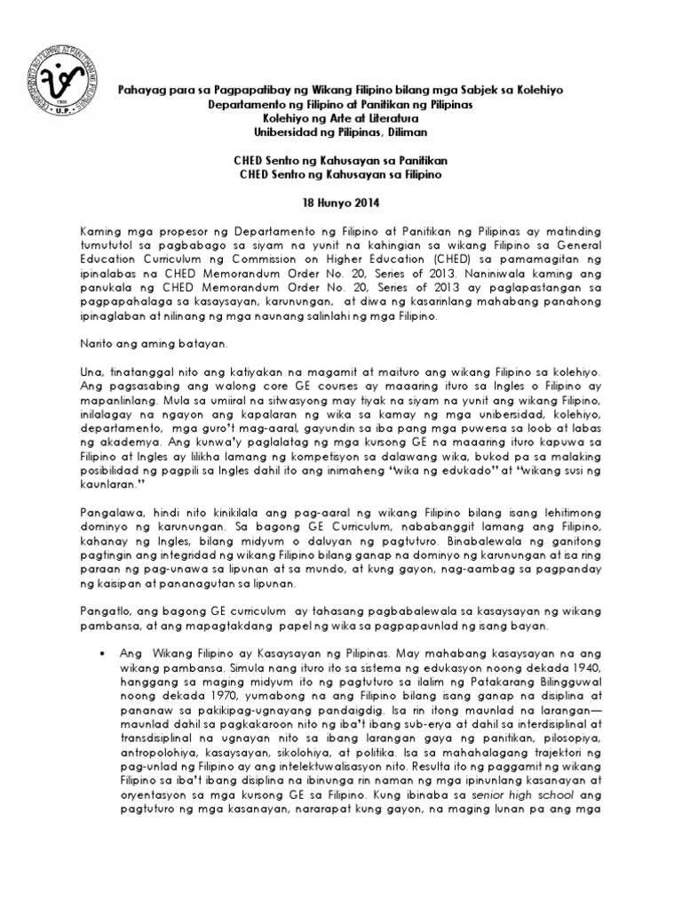 Pahayag NG DFPP Laban Sa Ched Ge Curriculum PDF | PDF