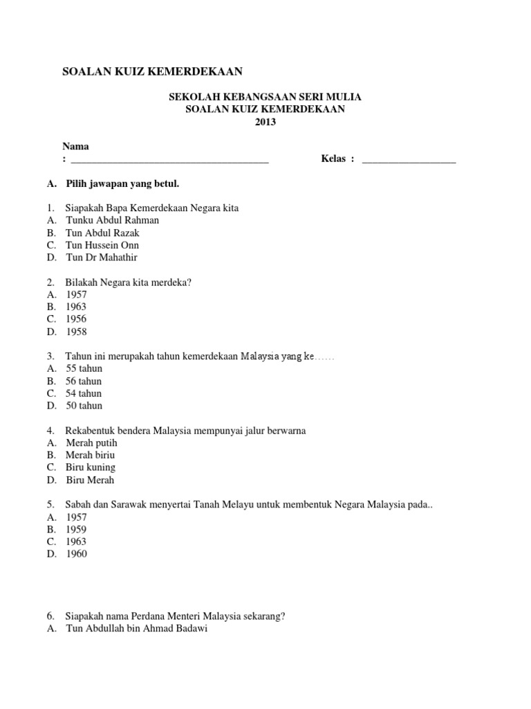 Soalan Kuiz Kemerdekaan | PDF