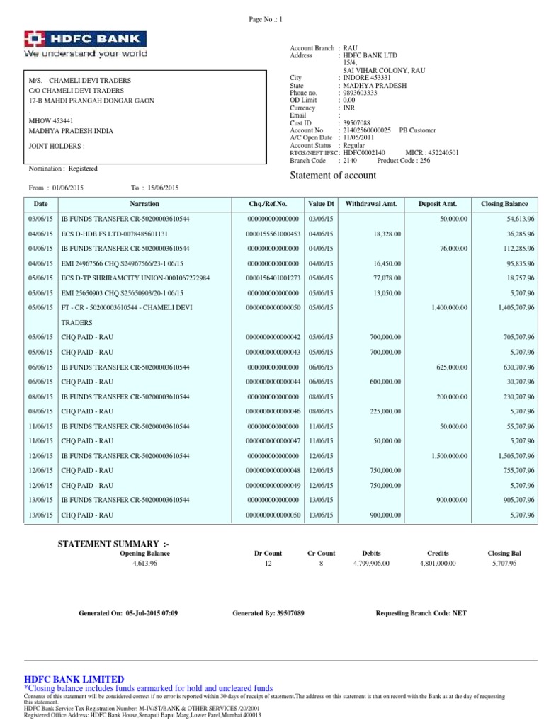 Statement of Account: Date Narration Chq./Ref - No. Value DT Withdrawal ...
