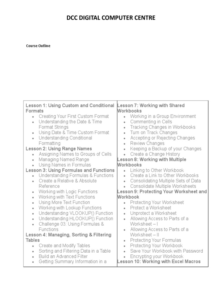 DCC Digital Computer Centre: Course Outline | PDF | Microsoft Excel ...